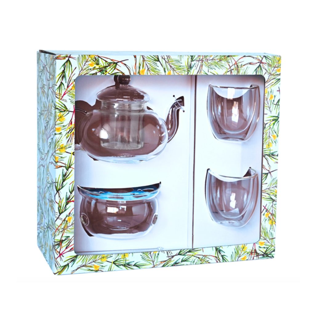 Gift Set with Teapot & Strainer, Burner (800ml) and 2 Double Wall Cups ...